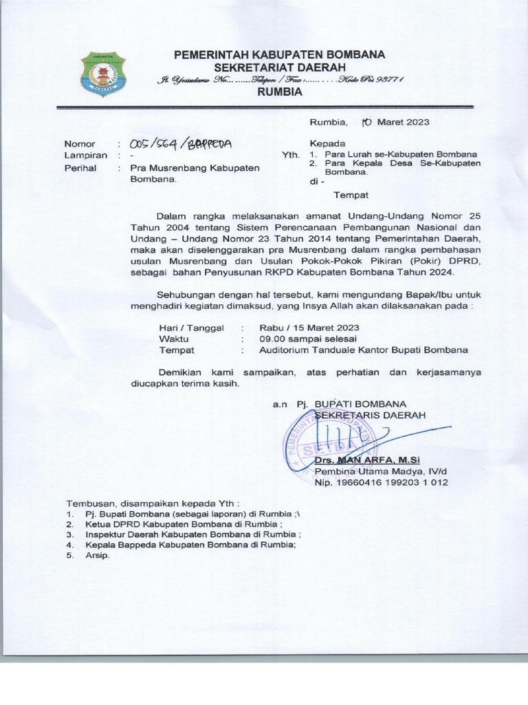 Undangan Pra Musrenbang Kabupaten Untuk Lurah Dan Desa | PDF
