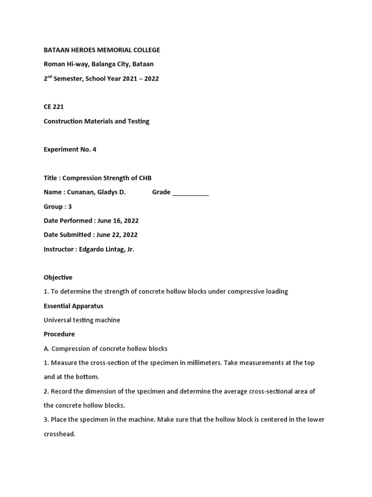 Compression Strength of CHB - Cunanan - Gladys | PDF | Technology ...