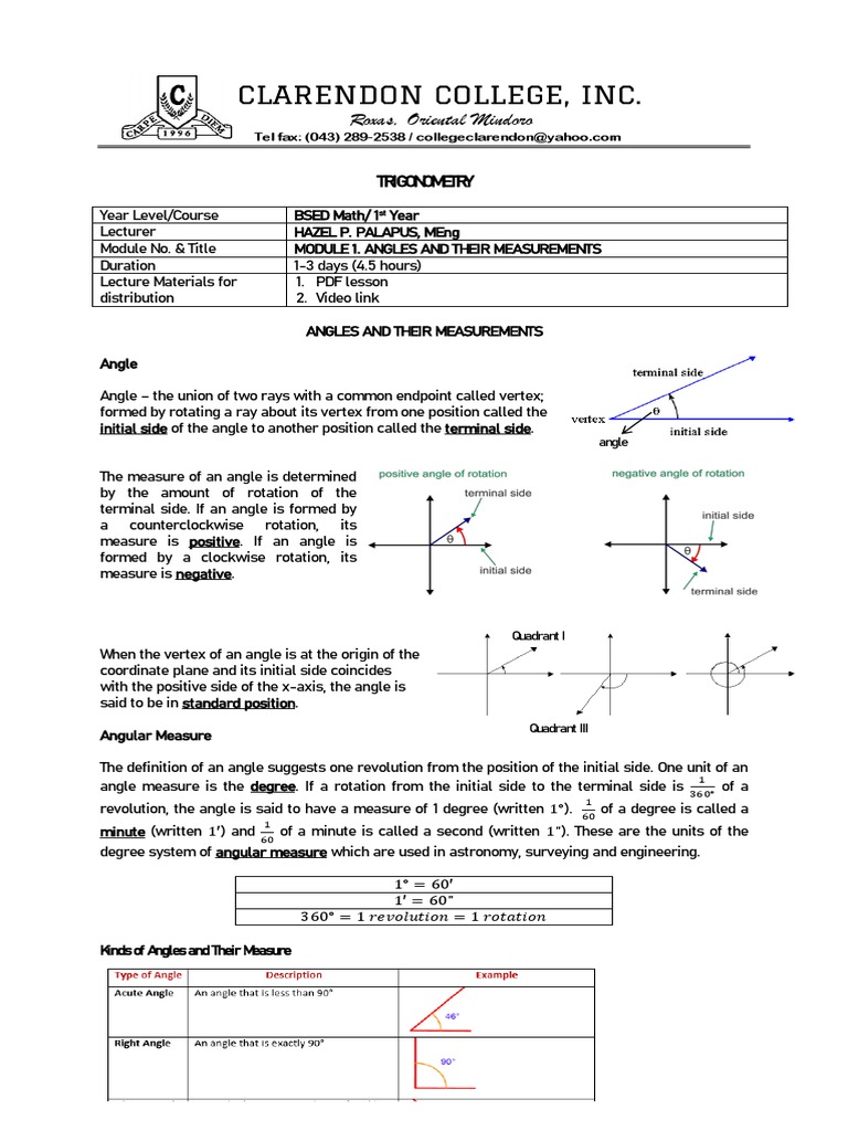 Trigo Module 1. Angles and Their Measurements Final PDF | PDF | Triangle | Angle