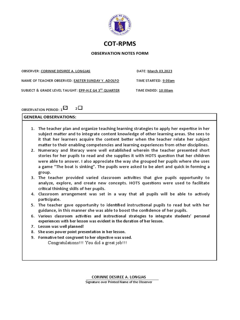 COT ObservationNotes | PDF | Teachers | Learning