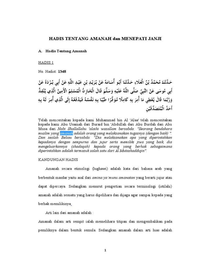 HADIS TENTANG AMANAH Dan MENEPATI JANJI | PDF | Agama & Spiritualitas