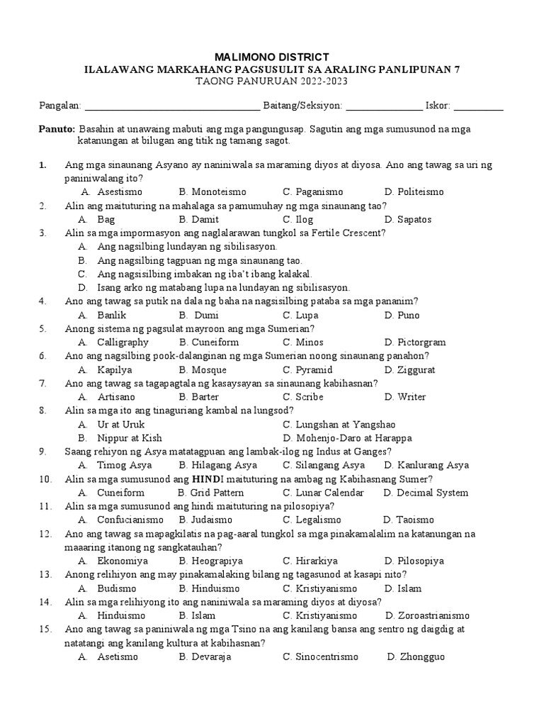 Araling Panlipunan 7 Test Question | PDF