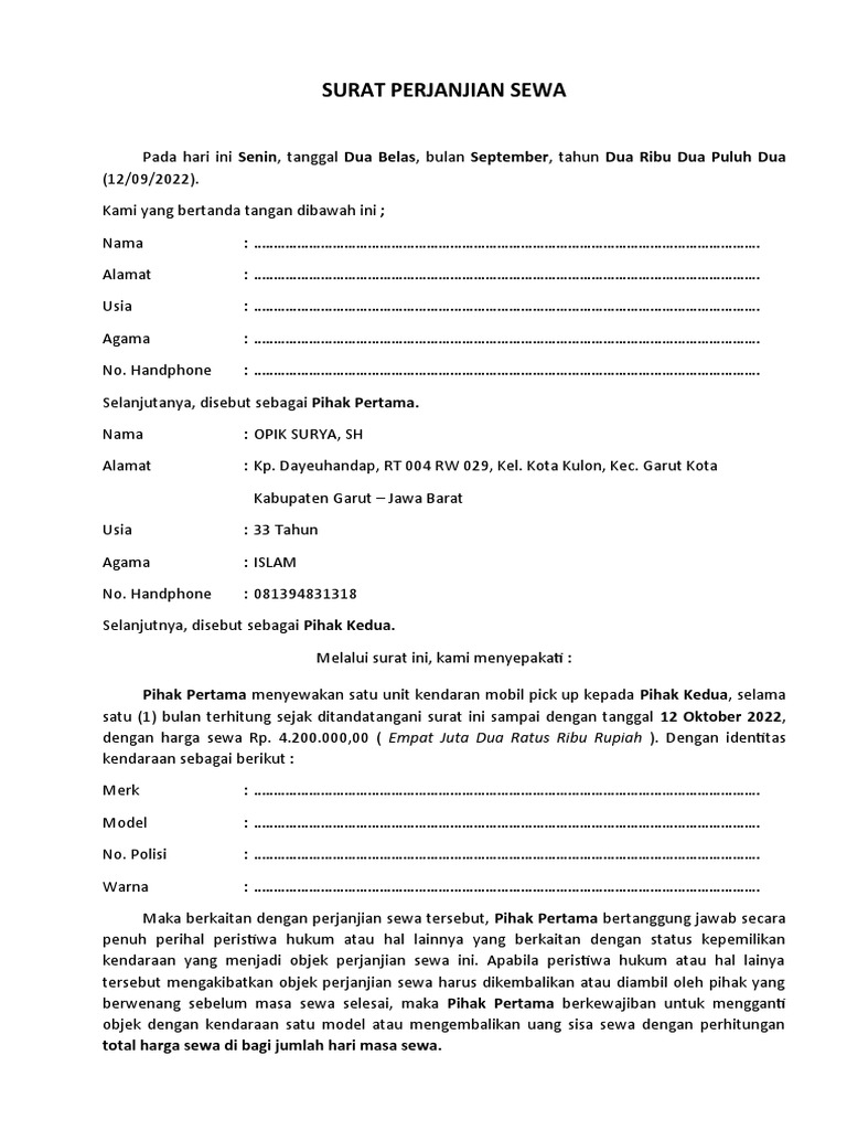 SURAT PERJANJIAN SEWA Pickup | PDF