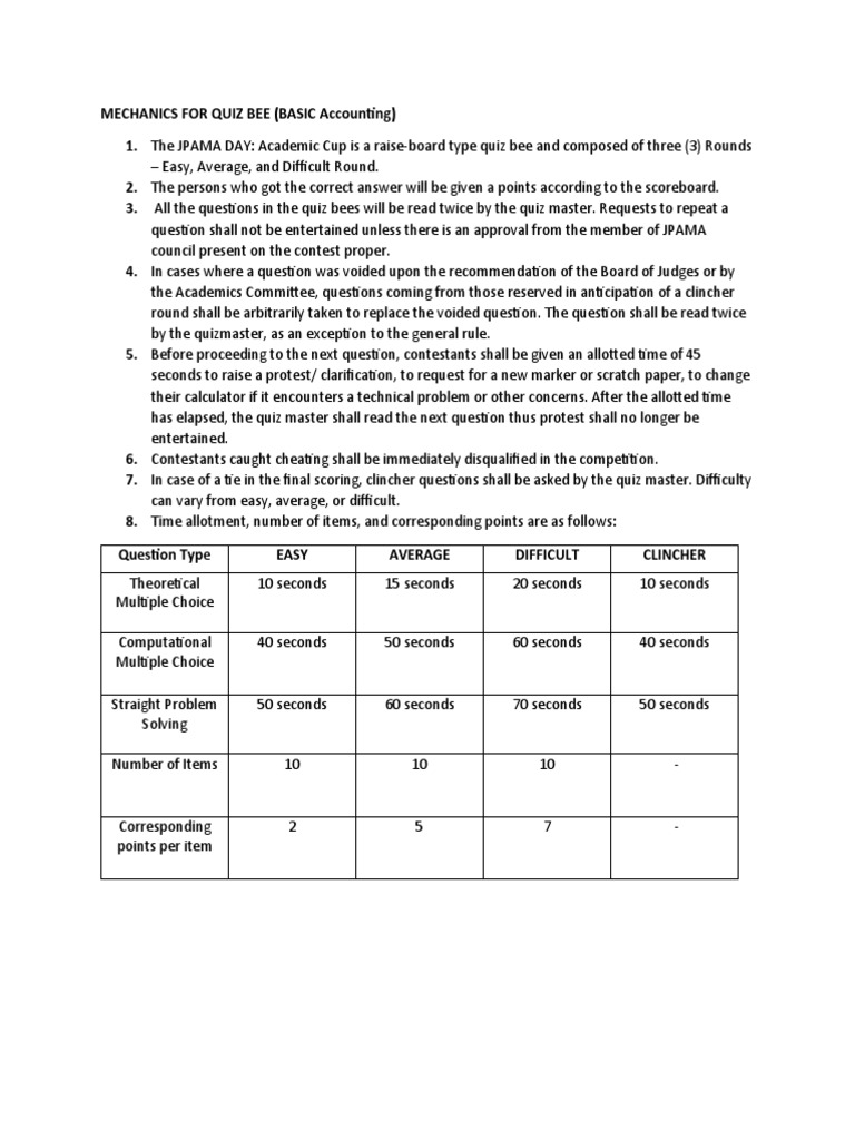 MECHANICS FOR QUIZ BEE Basic Accounting | PDF