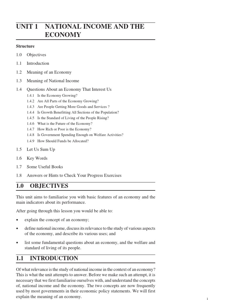 Unit 1 National Income and The Economy: 1.0 Objectives | PDF