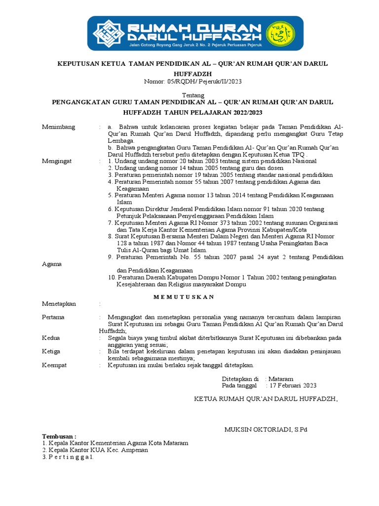 SK Pengangkatan Guru TPQ | PDF