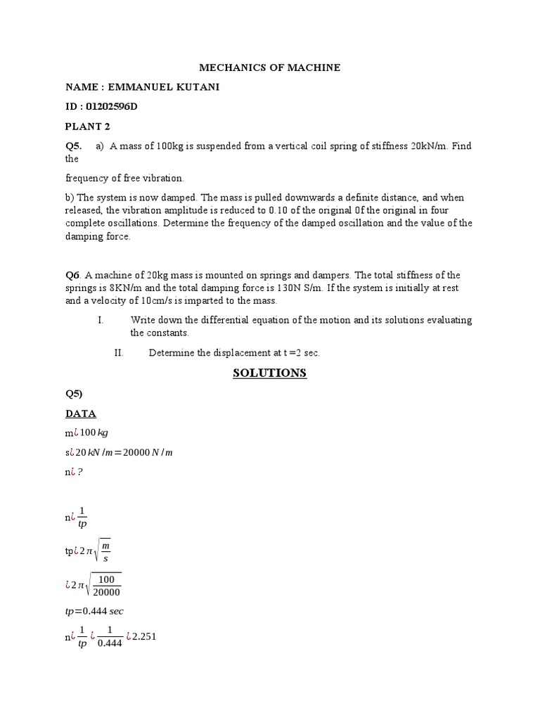 Mechanics of Machine Assignment Plant | PDF | Oscillation | Damping