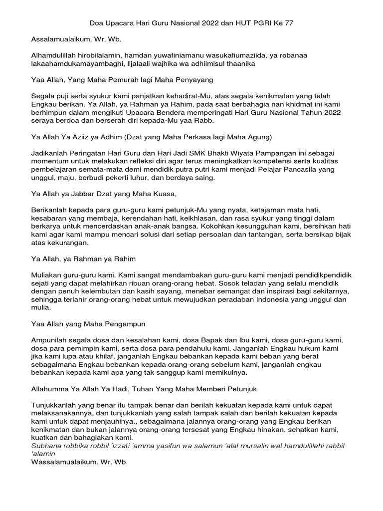 Doa Upacara Hari Guru Nasional 2022 Dan HUT PGRI Ke 77 | PDF | Pengembangan Diri