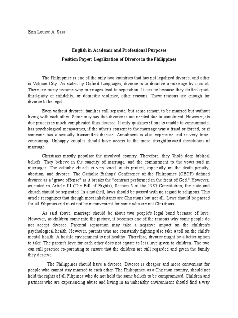 Position Paper | PDF | Divorce | Marriage