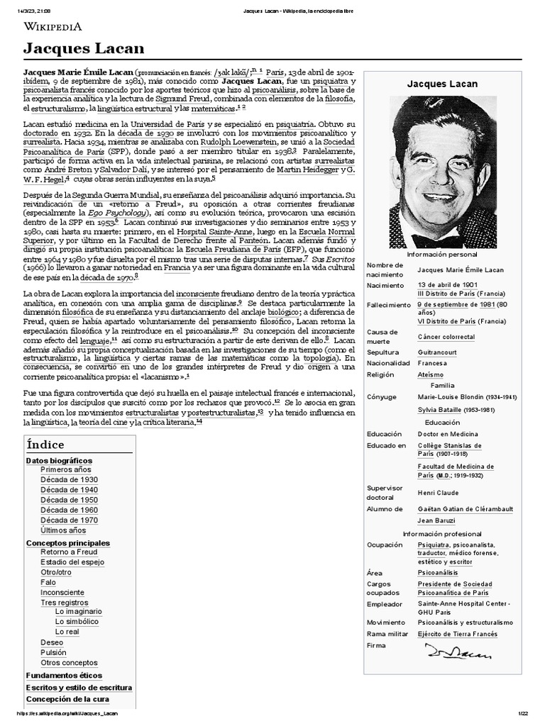 Jacques Lacan - Wikipedia, La Enciclopedia Libre | PDF | Jacques Lacan ...