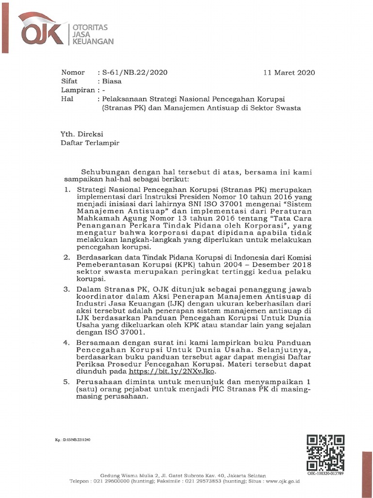 Surat OJK - Pelaksanaan Strategi Nasional Pencegahan Korupsi PDF | PDF