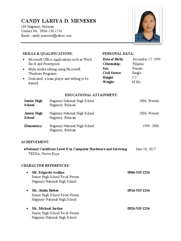 Candy Lariya D. Meneses' Resume - A Profile of a Hardworking and ...