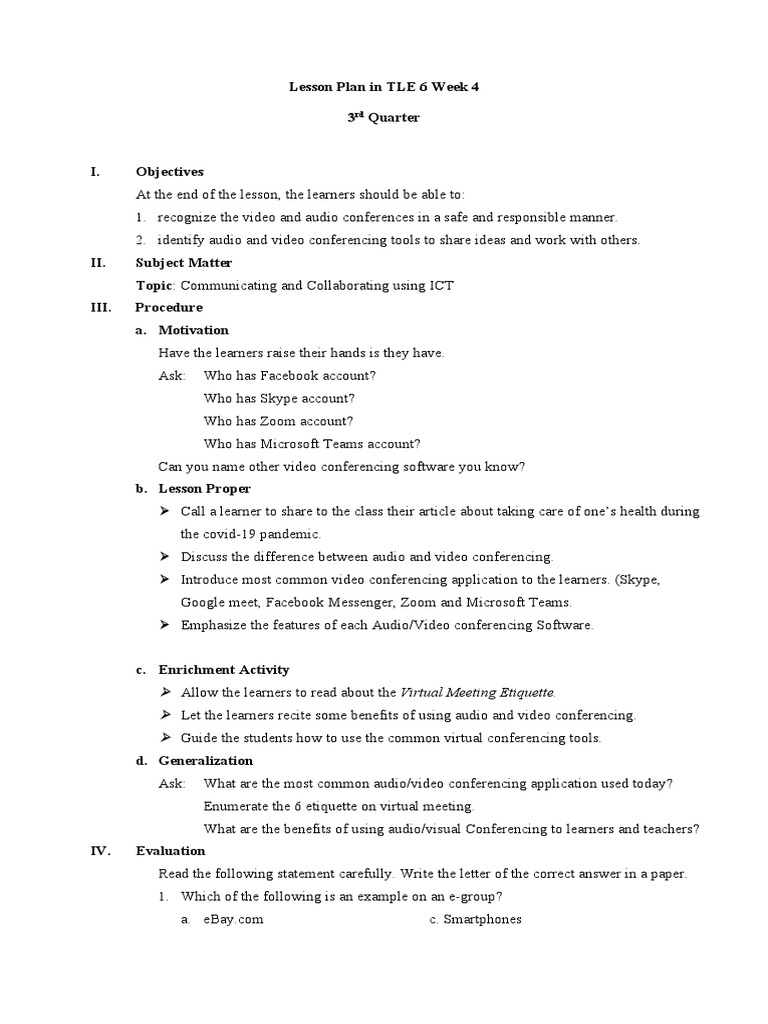Lesson Plan in TLE 6 Week 4 | PDF | Internet | Videotelephony