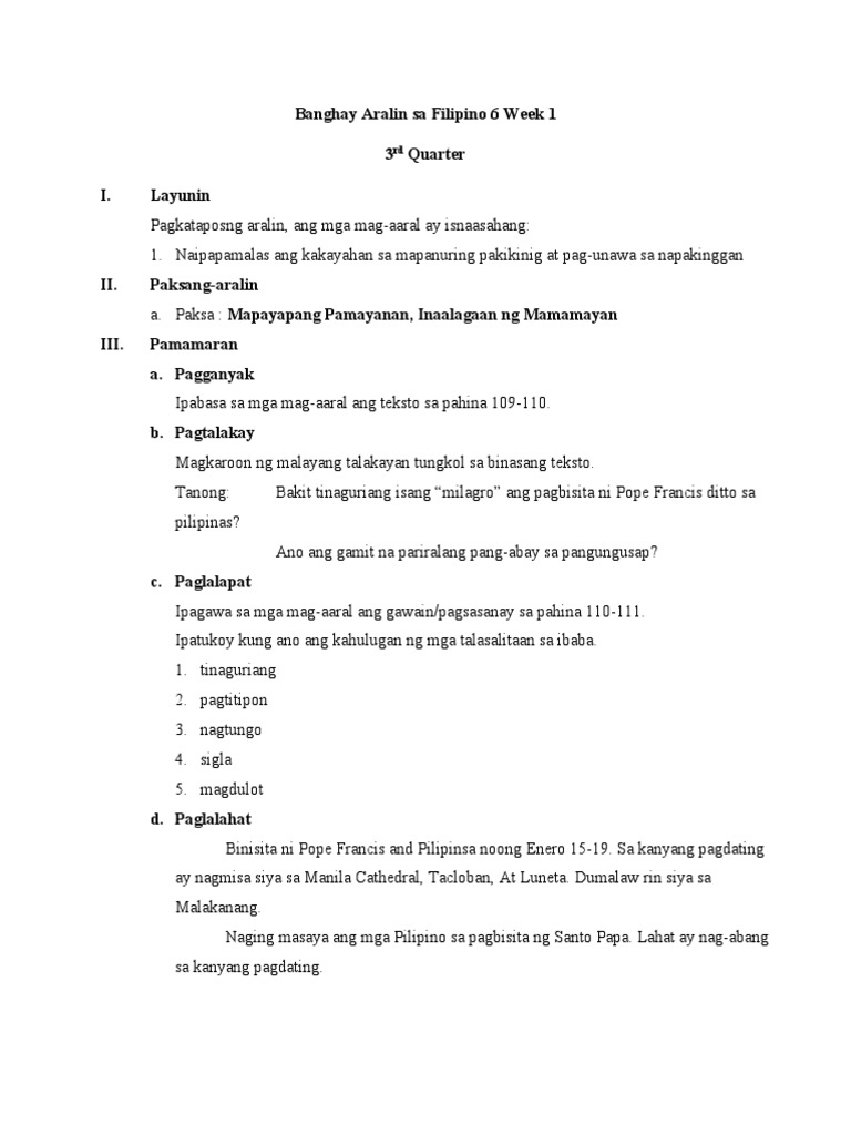 Banghay Aralin Sa Filipino 6 Week 1 3rd Quarter | PDF