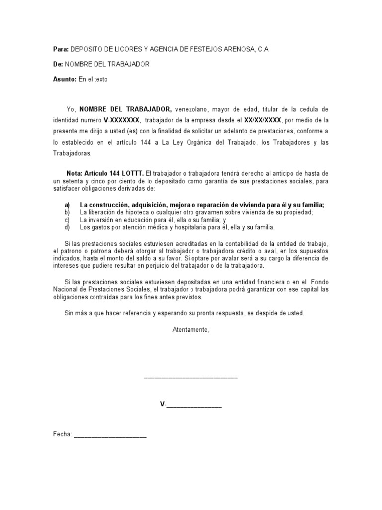 Carta de Modelo de Solicitud Del Adelanto de Las Prestaciones | PDF Carta de Modelo de Solicitud Del Adelanto de Las Prestaciones | PDF