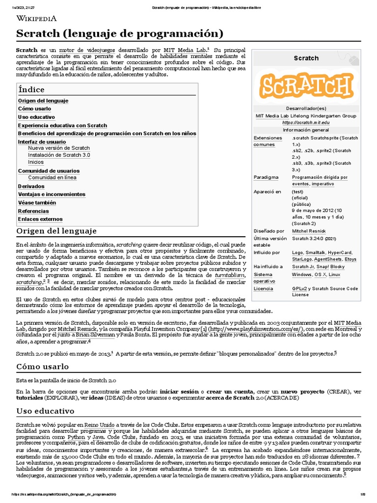 Scratch Lenguaje De Programación Wikipedia La Enciclopedia Libre Pdf Scratch Lenguaje