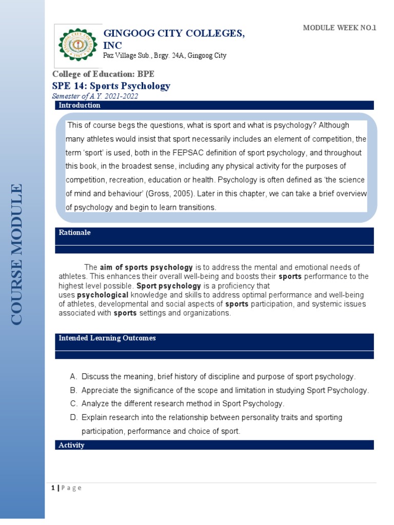 SPE 14 Module Week 1 | PDF | Psychology | Sports
