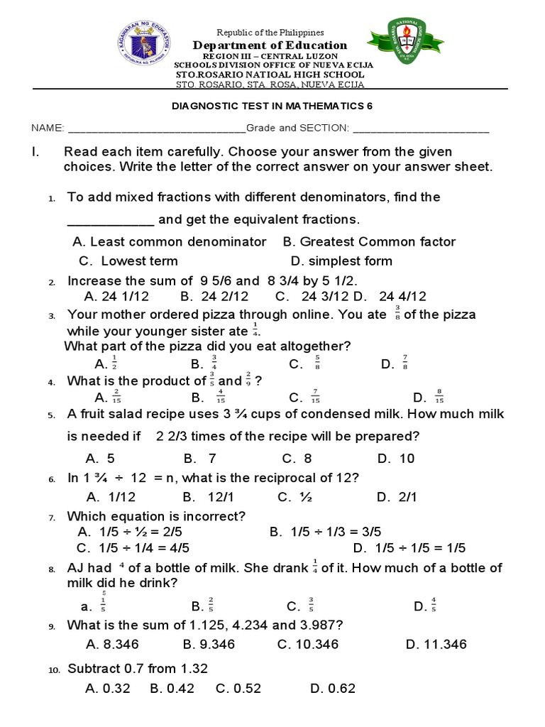 Diagnostic Test - Math6 | PDF | Mathematics | Elementary Mathematics