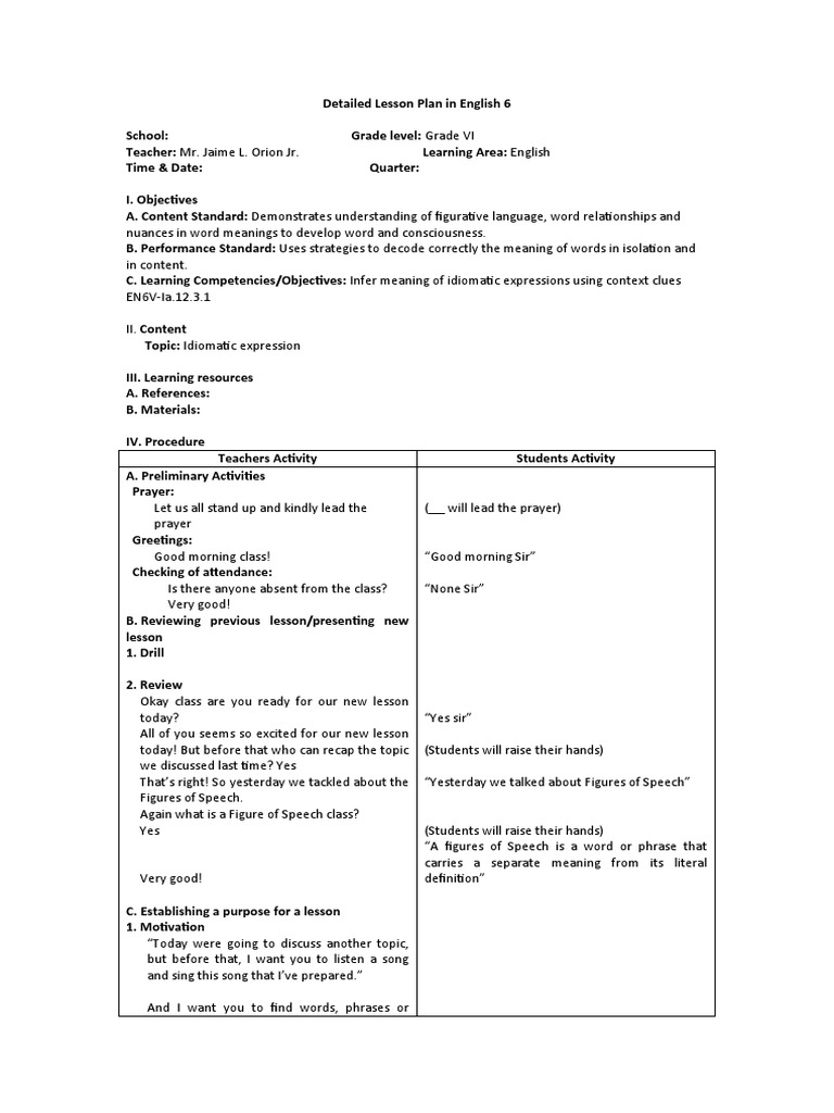 Detailed Lesson Plan in English 6 New | PDF | Idiom | Cognition