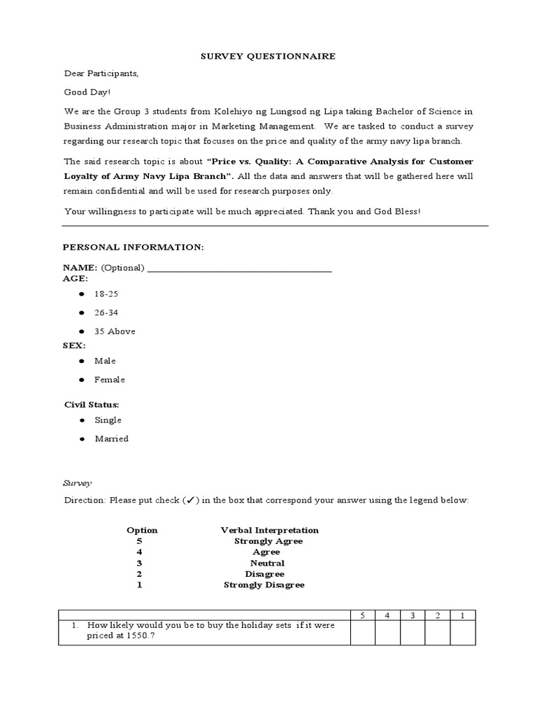 Army Navy Lipa Survey: Price vs. Quality | PDF