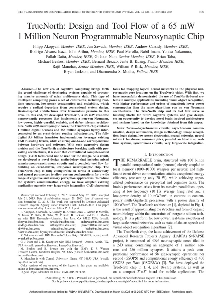 TrueNorth Design and Tool Flow of A 65 MW 1 Million Neuron Programmable ...