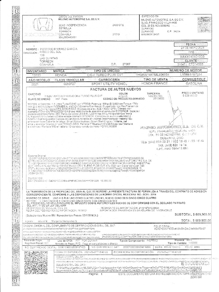 Factura CRV Turbo Plus 2021 | PDF