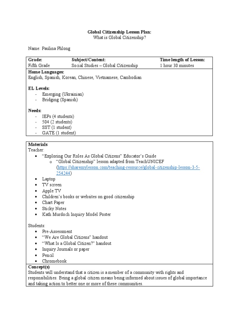 Global Citizenship Lesson Plan - Phlong Paulina 2023 | PDF ...