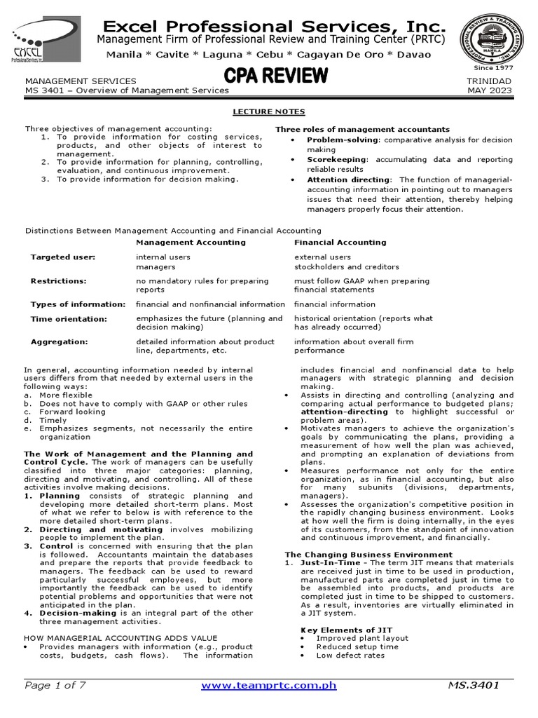 Management Services Lecture Notes: An Overview of Management Accounting ...