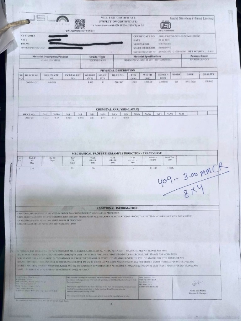 Ss 409 Mill Test Certificate | PDF