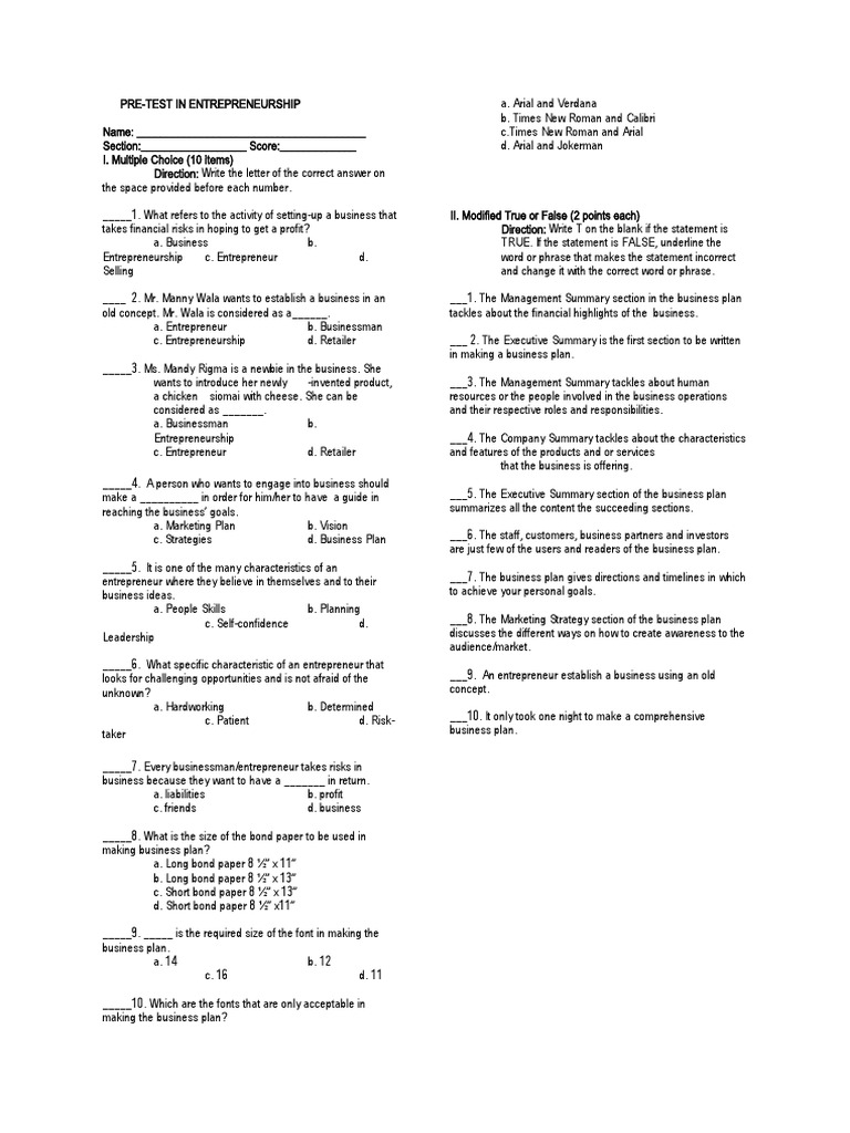 Entrepreneurship Pre-Test Assessment | PDF | Entrepreneurship | Bonds ...