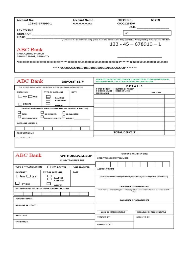 Sample Check Deposit Slip Withdrawal Slip | PDF | Cheque | Deposit Account