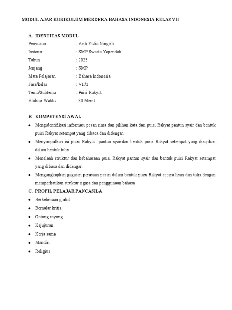 Modul Ajar Kurikulum Merdeka Bahasa Indonesia Kelas Vi1 Asih Pdf