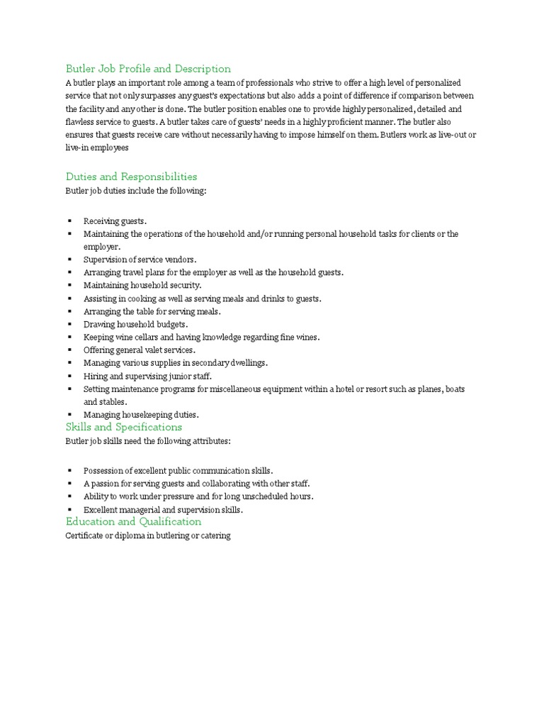 Butler Job Profile and Description | PDF | Career & Growth