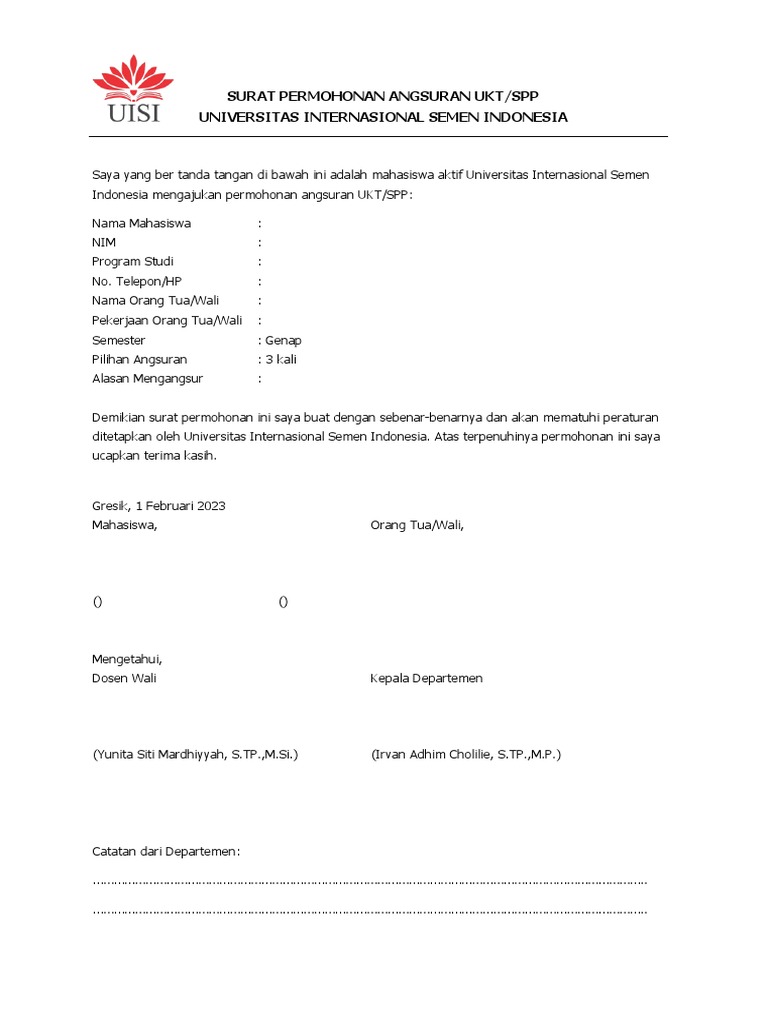 18. Draft Template SURAT PERMOHONAN Angsuran UKT (1) | PDF