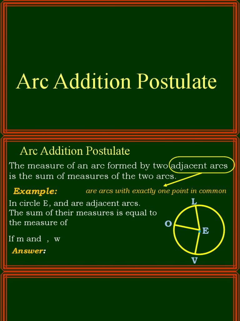 Arc Addition Postulate Segment of Circle Arc Length | PDF | Area | Circle
