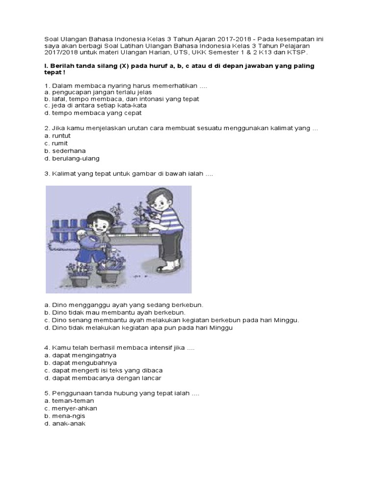 Soal Ulangan Bahasa Indonesia Kelas 3 Tahun Ajaran 2017 | PDF