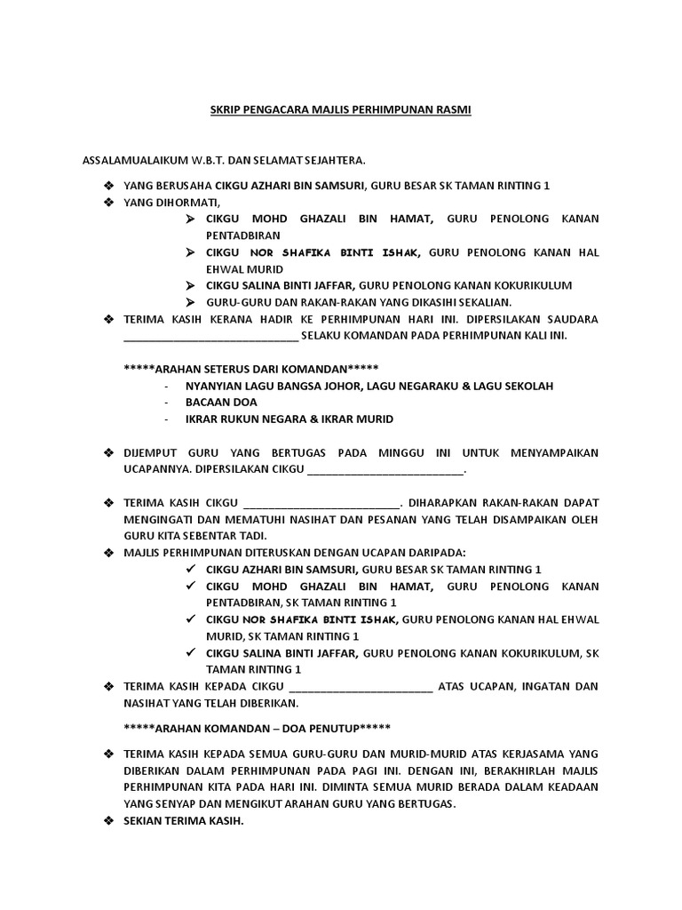 SKRIP MC Perhimpunan Sekolah BARU 2020 | PDF