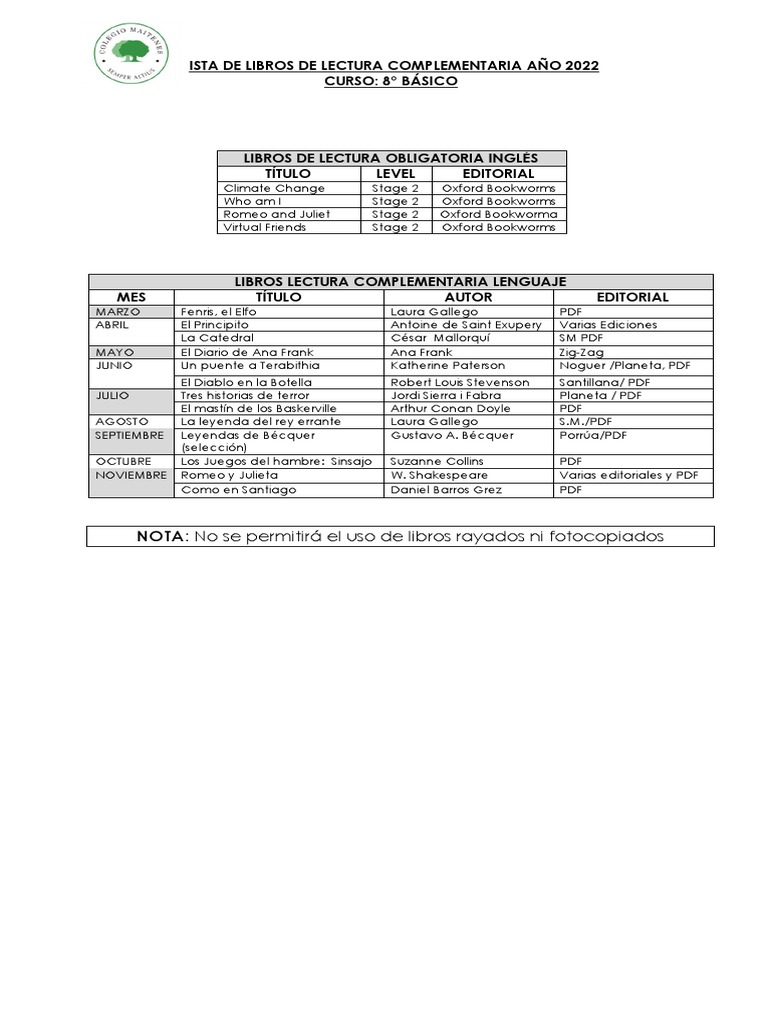 Lista de Libros Lectura Complementaria 8° Basico PDF | PDF