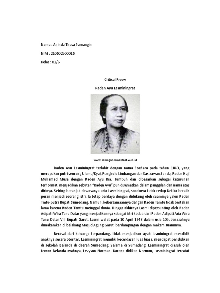 Biografi Raden Ayu Lasminingrat | PDF