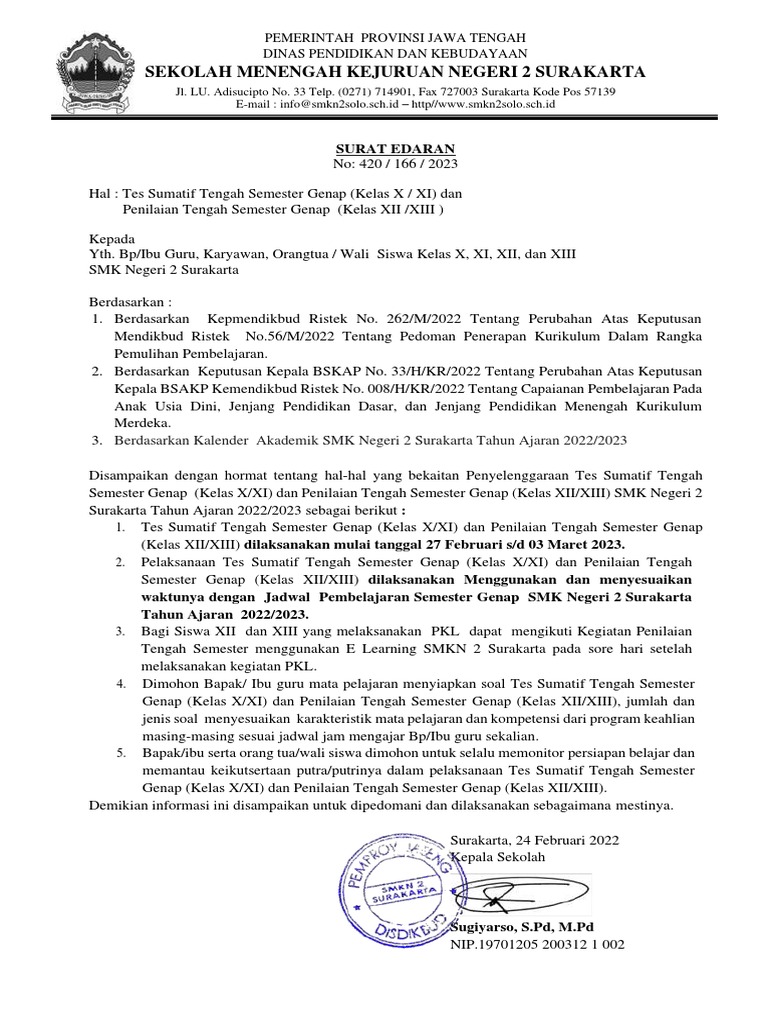 Surat Edaran Sumatif Tengah Semester Genap X-Xi & Penilaian Tengah Semester Genap Xii-Xiii ...