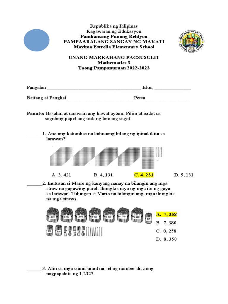 1st Quarter Test Grade 3.edited | PDF