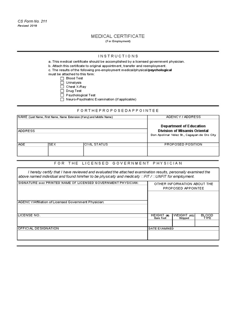 Medical Certificate CS Form 211 2018 | PDF | Social Programs | Public ...
