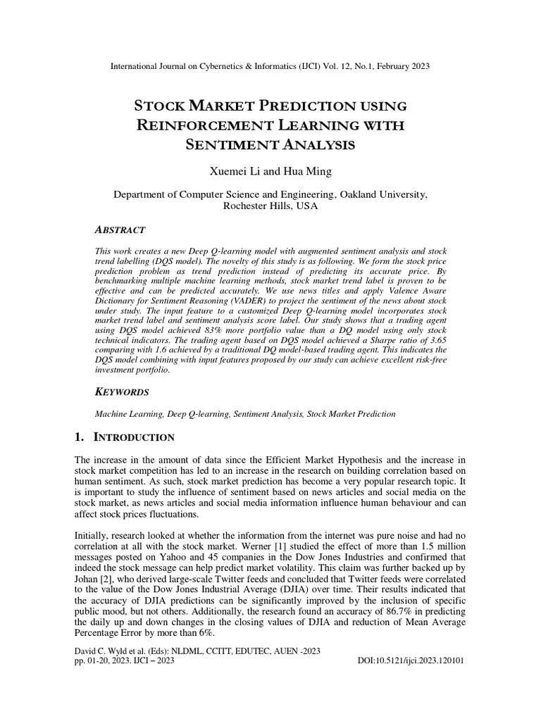 Stock Market Prediction Using Reinforcement Learning With Sentiment Analysis | PDF | Machine ...