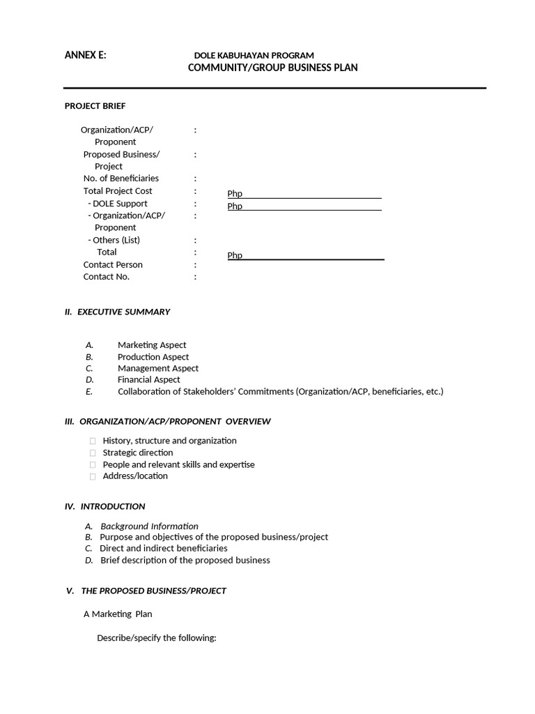 DOLE Kabuhayan Program Community or Group Business Plan Template | PDF ...