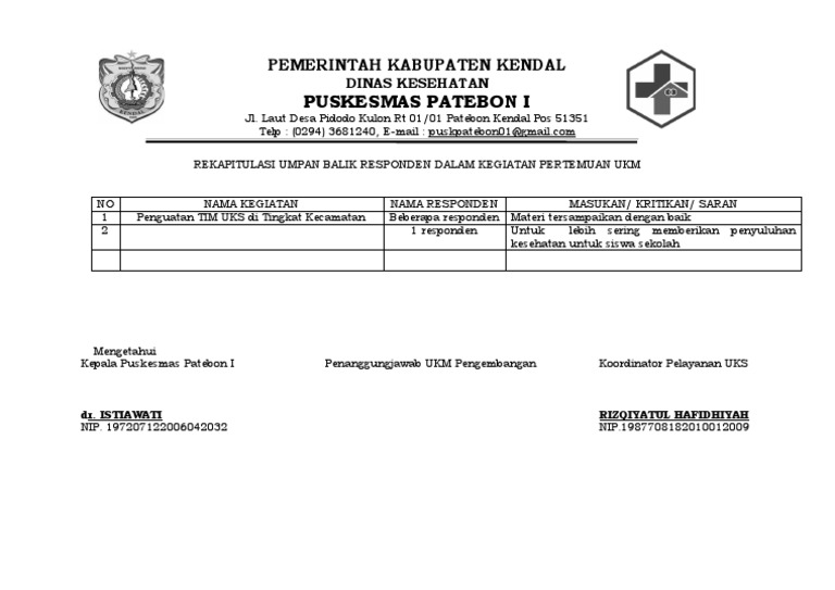 Contoh Form Rekapitulasi Umpan Balik Responden Dalam Kegiatan Pertemuan ...