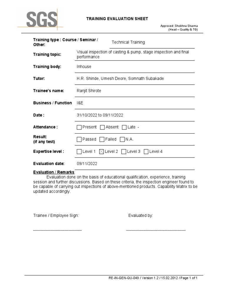 Training Evaluation Form Inspection At KBL PDF