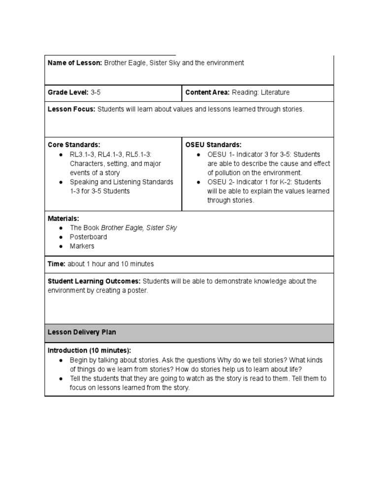 Brother Eagle Sister Sky and The Environment Lesson Plan | PDF | Lesson ...
