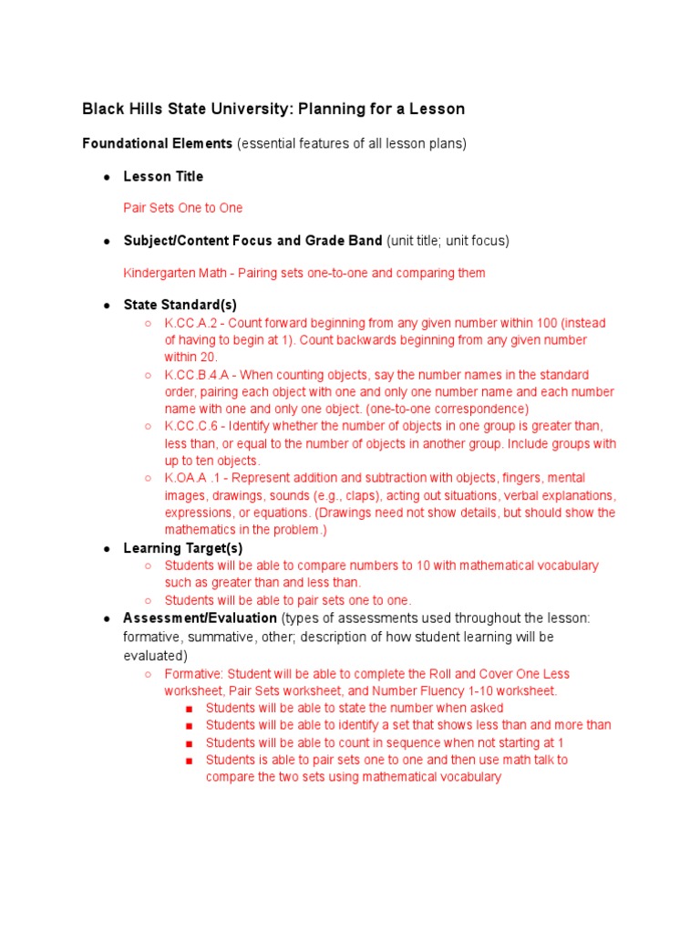 Pair Sets One To One Math Lesson Plan | PDF | Cognitive Science ...