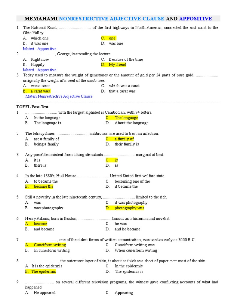 PDF Answer Key Pertemuan 11 Structure SKill 3 RESTRICTIVE ADJECTIVE | PDF