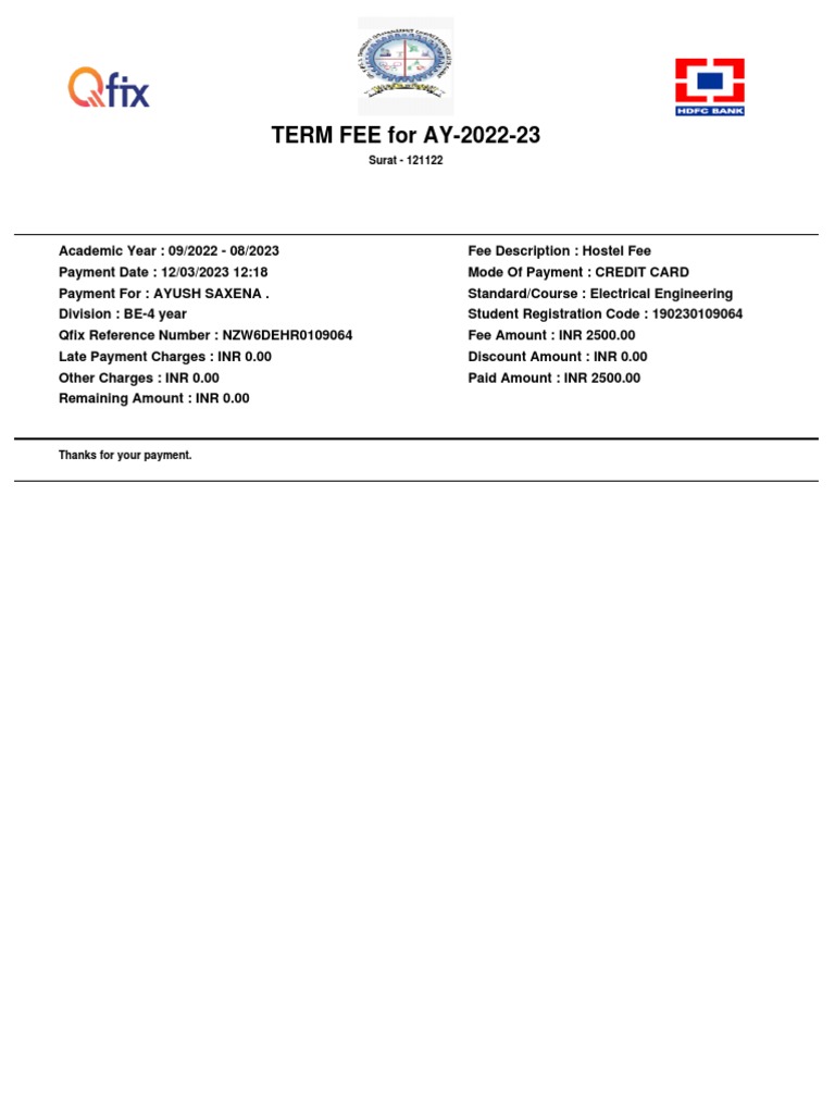 QFIX-PAYMENT-RECEIPT-Hostel Fee | PDF